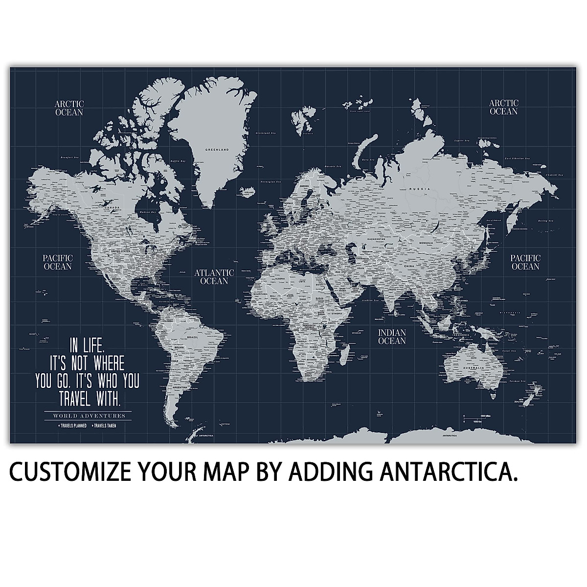 Holy Cow Canvas Personalized Navy Push Pin World Map on Canvas, Customize with Names, Travel Map with Pins Included to Track Your Travels, World Map Pin Board, Travel Themed Gift for People Who Travel