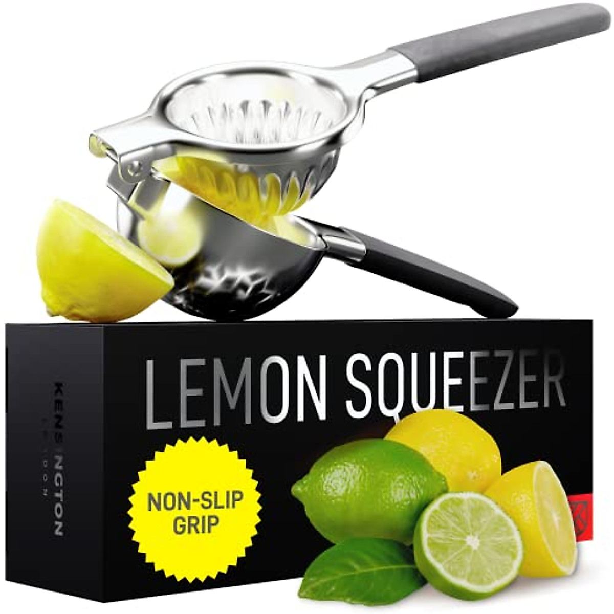 Lemon Squeezer Stainless Steel Press - Ergonomic, Manual Non-Slip Grip Design - Effortless Pro-Grade Lemon, Lime, Orange, and Citrus Fruit Hand Held Juicer - Fewer Seeds, More Juice