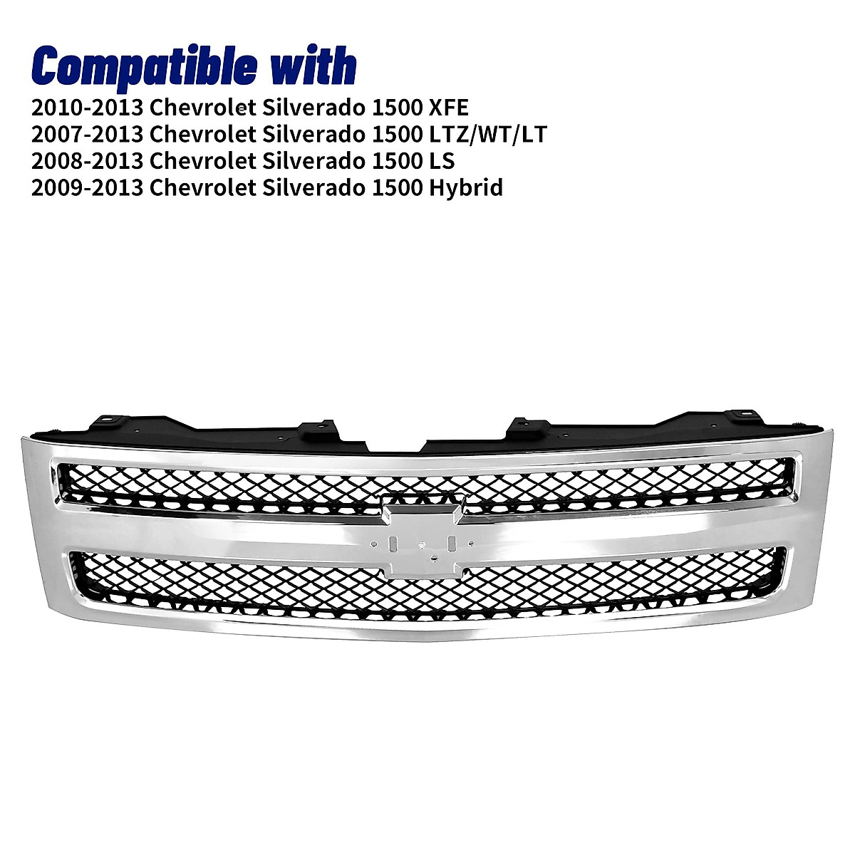 JustDrivably Replacement Parts Front Grille Grill Assembly With Chrome Frame Shell With Black Mesh Insert Compatible With Chevrolet 1500 Pickup Truck 2007 2008 2009 2010 2011 2012 2013