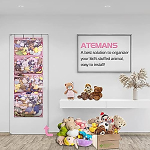 Stuffed Animal Storage, Over The Door Organizer Storage for Closet, Baby, Plush Toy, Stuffed Animal Holder with 4 Large Pockets, Hanging Door Organizer for Nursery, Bedroom, Bathroom, Kids Room (Pink)