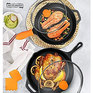 MICHELANGELO Cast Iron Skillet Set 8 Inch & 10 Inch &12 Inch, Preseasoned Cast Iron Skillets With Lid, Iron Skillets for Cooking with Silicone Handle & Scrapers, 8'' & 10" & 12"