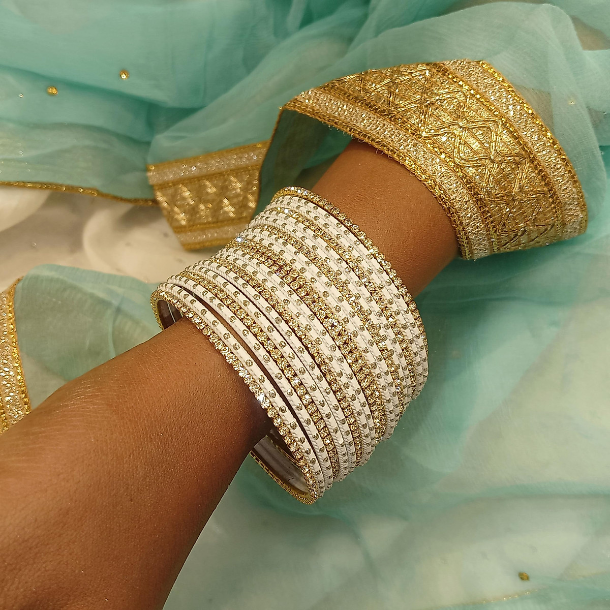 Efulgenz Indian Bangle Set Rhinestone CZ Plain Metal Bracelet Bangle Jewelry for Women (White (Set of 20 Pcs), 2-4)