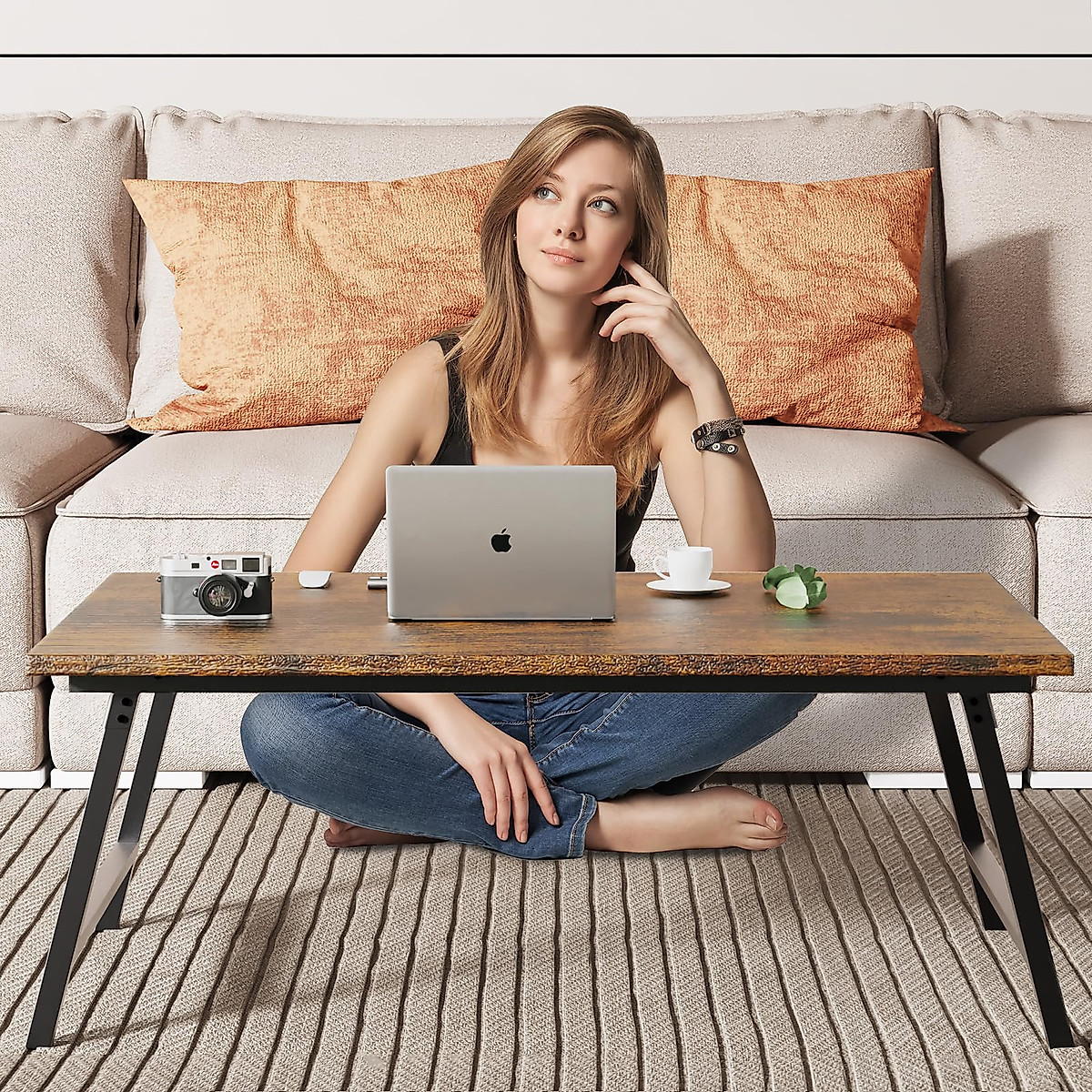 Xankzi Folding Coffee Table, Portable Wood Low Table with Metal Legs, No Assembly Required, Small Foldable Floor Desk for Tea Room/Living Room/Small Spaces (39.4in x 23.6in x 15.8in) (Rustic Brown)