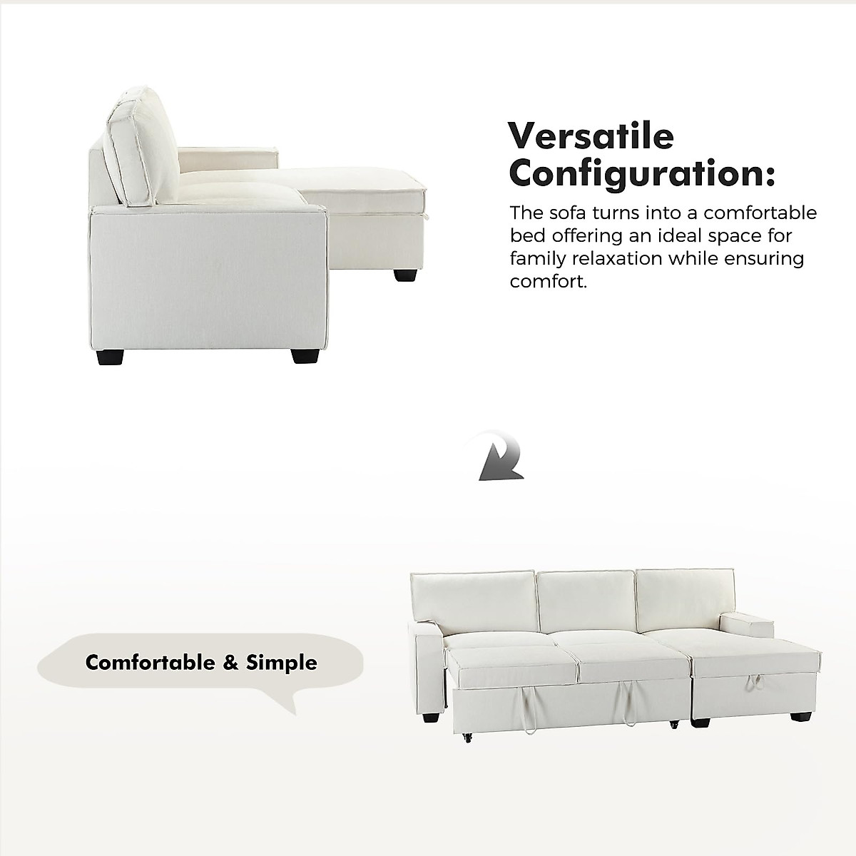 HULALA HOME Modern Sectional Sleeper Sofa, 3-seat L-Shaped Wide Couch with Storage Chaise, Pull Out Sleeper for Small Space, Living Room, Apartment and Office(White)