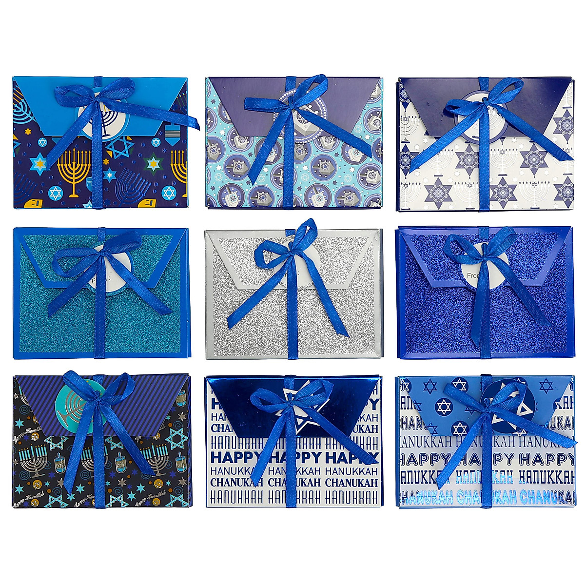 Iconikal Hanukkah Foil and Ribbon Embellished Gift Card Boxes, Set of 9