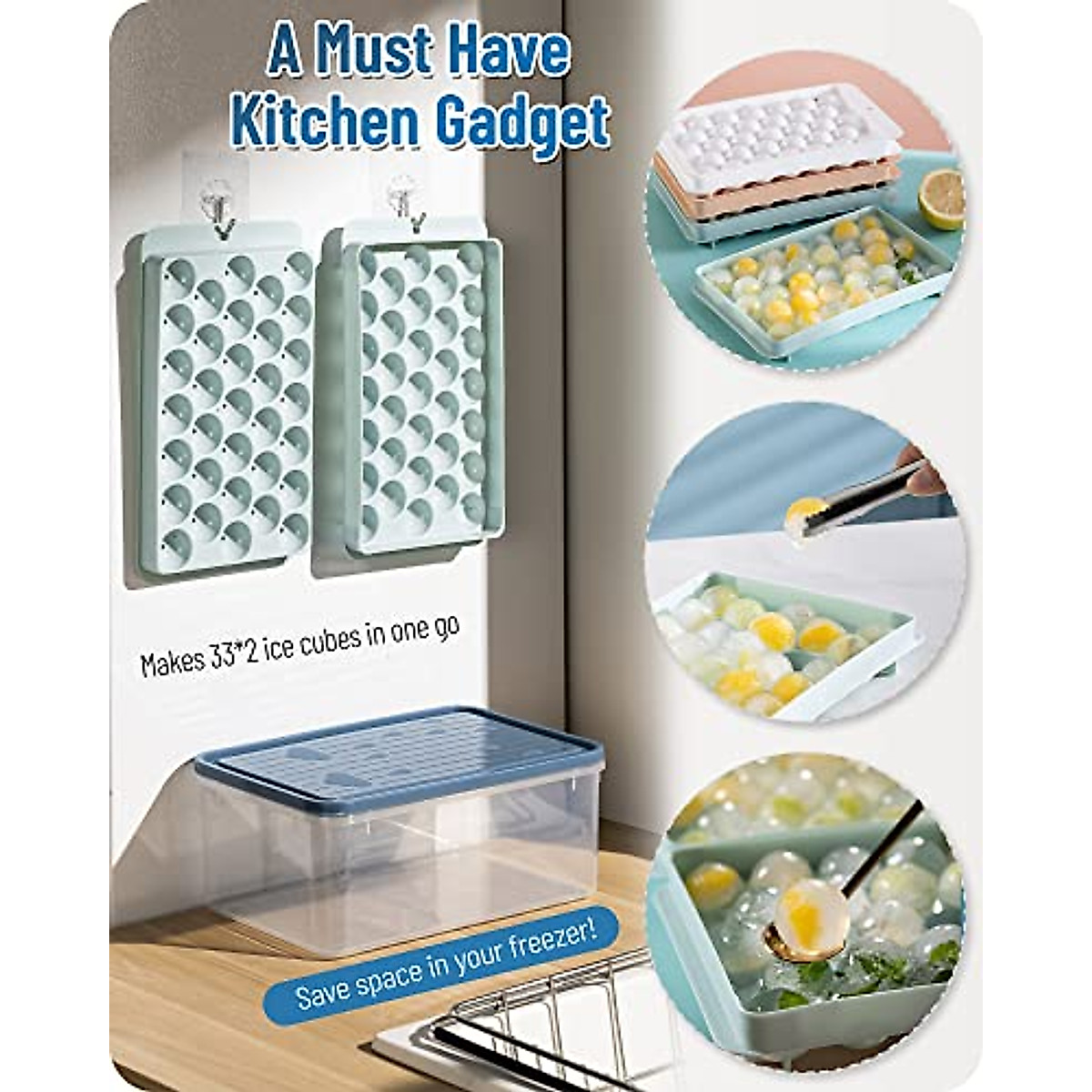 Icediver Ice Cube Tray, Circle Ball Ice Trays for Freezer with Lid & Bin, Sphere Ice Cube Mold Making 99 x 1.0IN Small Round Ice Cubes(Updated Blue Ice Trays, 1 Ice Bucket & Tongs)