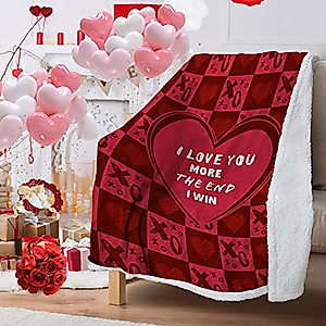 Mother's Day Sherpa Flannel Throw Blankets Burgundy Red Buffalo Plaid,I Love You Thick Reversible Plush Fleece Blanket for Bed Couch Sofa Romantic Wedding Comfy Warm Fuzzy TV Blanket 59x79in