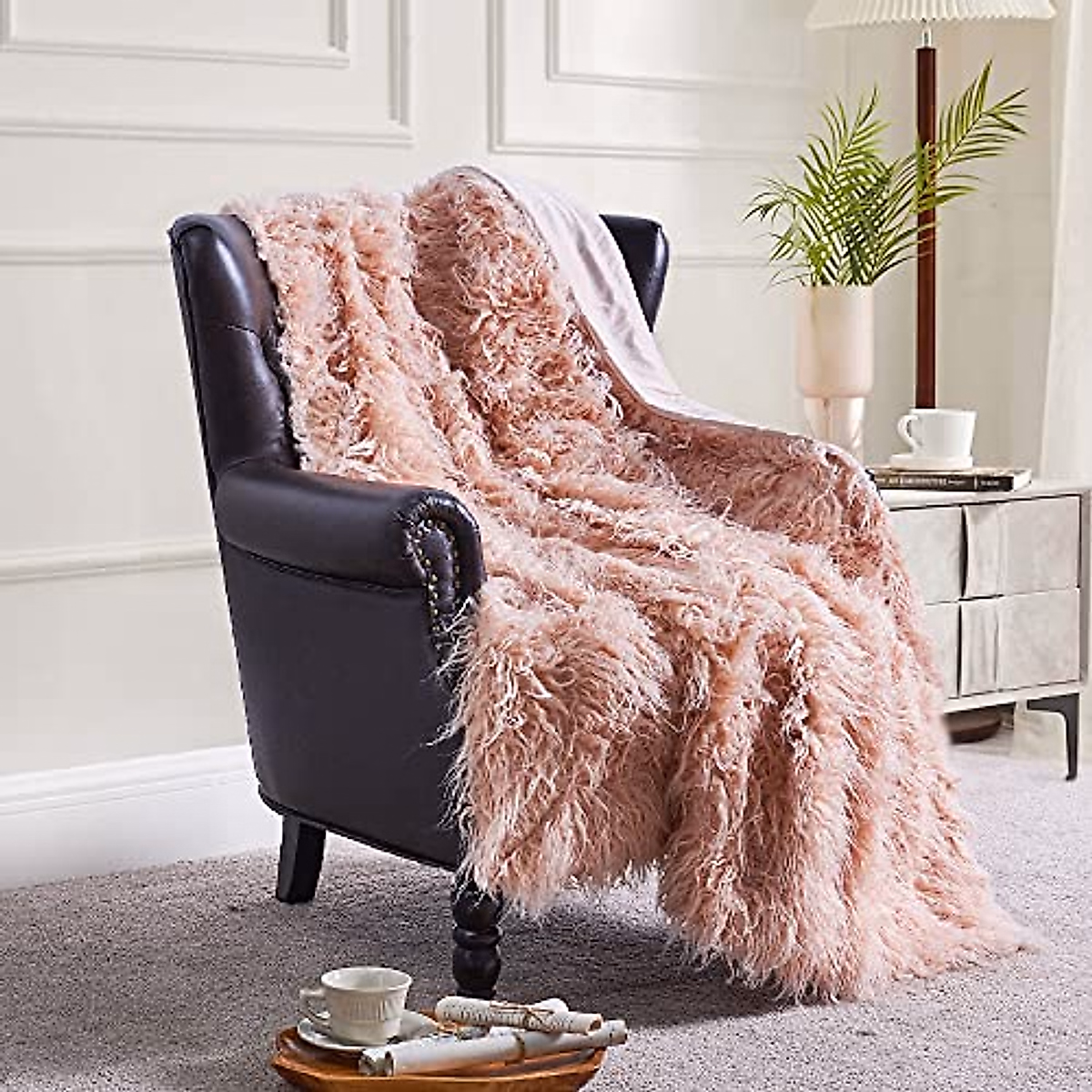 BYTIDE Mongolian Long Hair Faux Fur Plush Throw Blankets with Micromink Back, Soft Luxury Furry Fuzzy Shaggy Throw for Couch Sofa Chair Bed Cover Bedroom Living Room Home Décor, 50 x 60 Inches, Pink