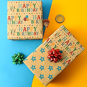 BOLIANNE Kraft Birthday Wrapping Paper Roll for Boys Girls Kids Men Women - Reversible Happy Birthday Gift Wrap Paper Roll for Holiday Party - 1 Gift Wrapping Paper Roll, 17.2 Inch X 33 Feet
