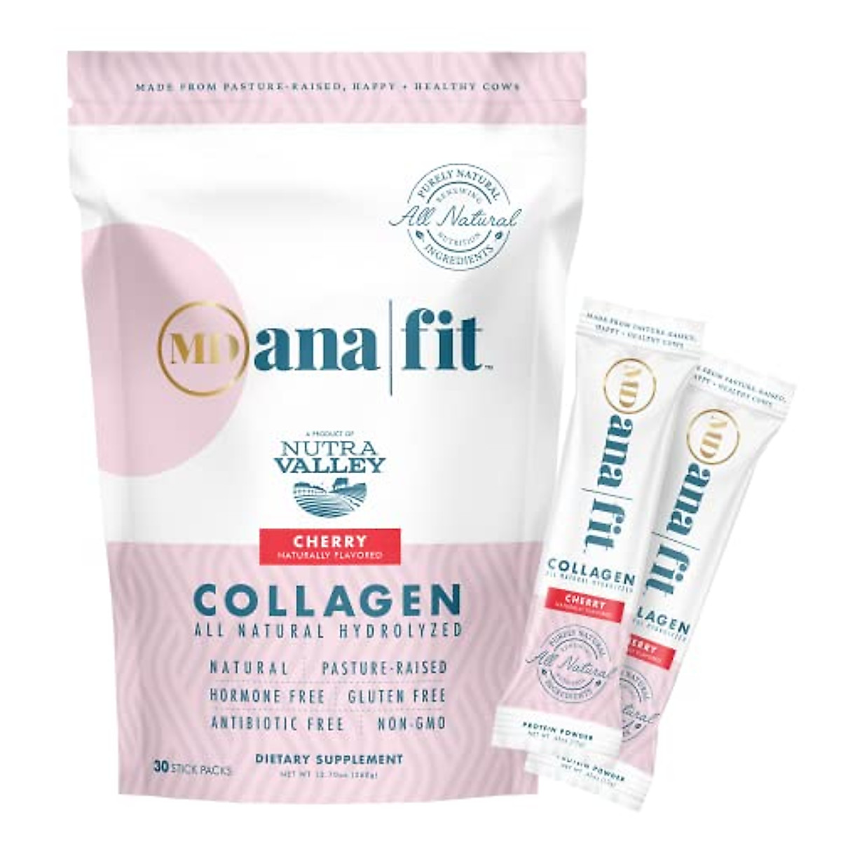 MD Ana Fit - Grass-Fed Hydrolyzed Collagen Peptides Powder, Non-GMO Dairy, Hormone Free & Gluten Free, Pasture Raised, Cherry, 30 Stick Packs (360g)