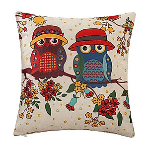 Bursonvic Cartoon Pattern Throw Pillow Case Cushion Cover Square Home Farmhouse/Modern Decorative Cotton Linen Pillowcase for Sofa/Bench/Couch (Owl Old Couple, 18" x 18")