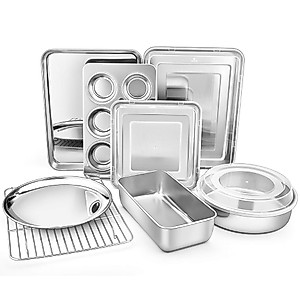 TeamFar Bakeware, Stainless Steel Bakeware Set with Baking Sheet and Rack, Lasagna Pan with Lid, Square & Round Cake Pan with Lid, Muffin Pan & Loaf Pan, Pizza Pan, Healthy & Dishwasher Safe