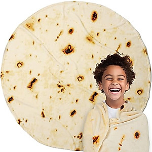 PAVILIA Burrito Tortilla Blanket, Double Sided Taco Flour Wrap Novelty Throw for Kid Boy Girl Teen, Realistic Food Blanket, Funny Gag Gift for Birthday, Beige Flour 47in