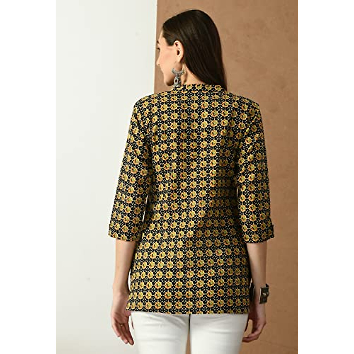 Lagi Women Straight Mandarin Collar 3/4 Sleeves Printed Short Cotton Kurti, Black & Mustard (XS)