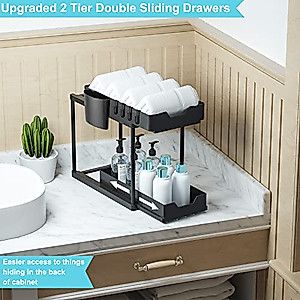 VerkTop Under Sink Organizer, 2-Tier Sliding Under Bathroom Cabinet Storage Drawer Organizer with Hooks,Hanging Cup,Multi-purpose Under Sink Shelf Organizer for Bathroom Kitchen(2pcs)