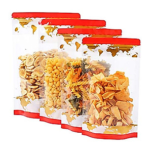 QQ Studio Clear Multi-Sized Windowed Resealable Stand Up Food Pouches with Gold Map Design (14x24cm (5.5x7.9"))