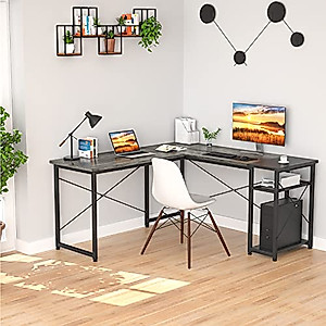 Ecoprsio L-Shaped Desk Large L Shaped Gaming Desk with Storage Shelves Oak Corner Desk Writing Study Table for Home Office Gaming Workstation, Oak and Black