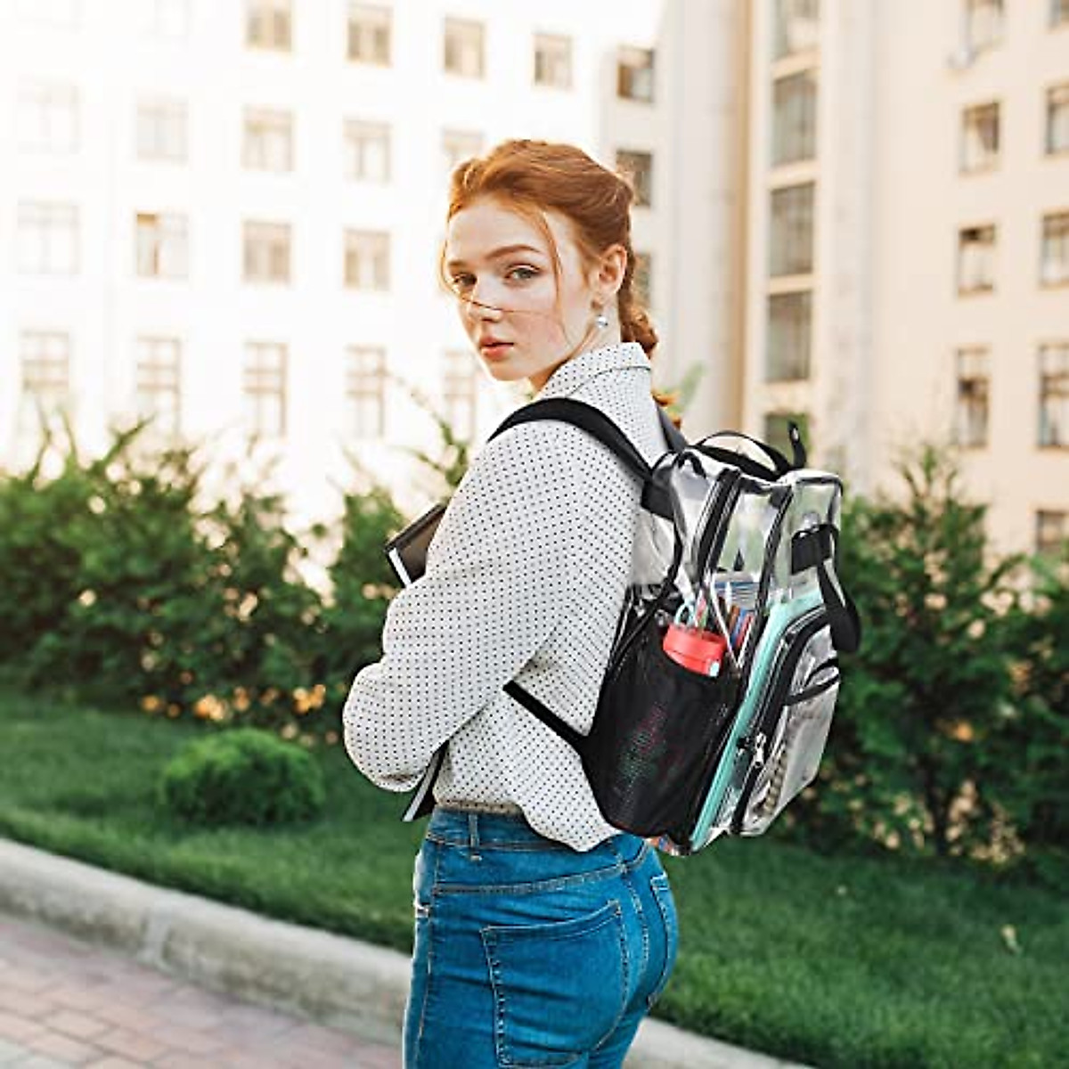 SharPlus Clear Backpack Large Heavy Duty Transparent See Through Plastic PVC Book Bag for School, Work, Stadium, Security, Travel-1 mm Thick PVC- 2 Ways Zippers