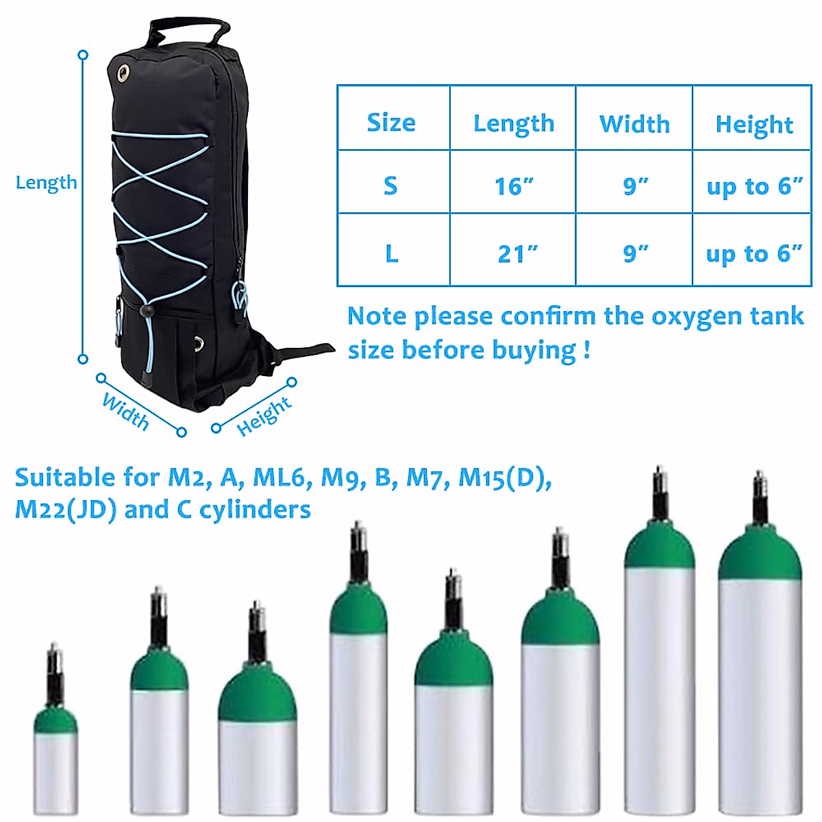 MUROCEA Oxygen Tank Backpack - Portable Cylinder Holder Bag Fits A, B, C, D, M2, ML6, M7 O2 Tank Carrier Pouch Accessories, 600D Oxford (21" Lx9 W)