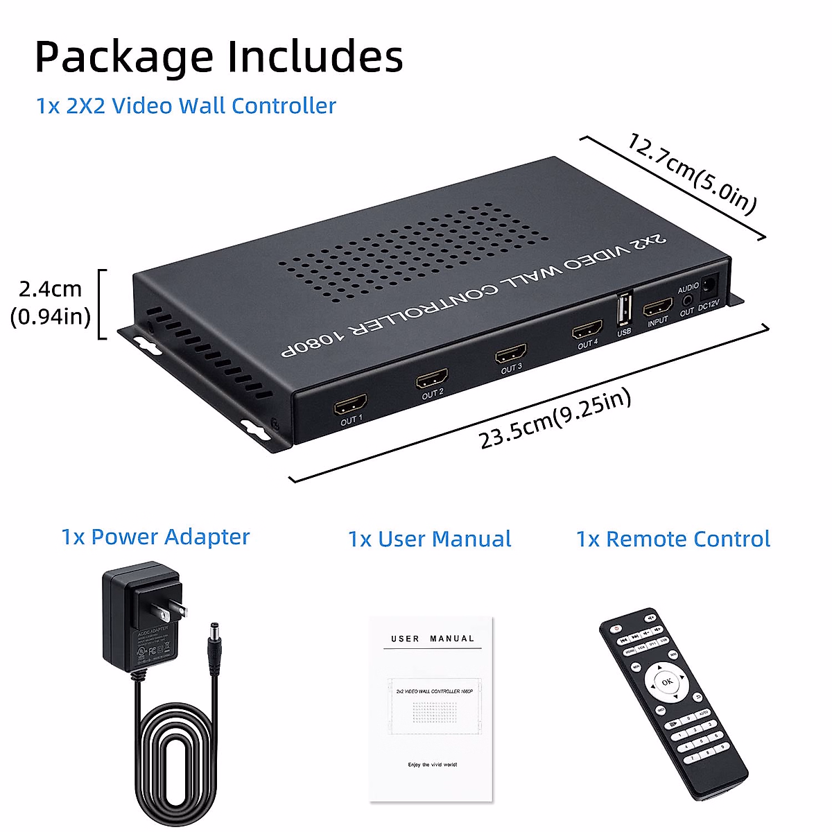 Mcbazel HDMI Video Wall Controller 2x2, HDMI Video Image Processor 1080P@60HZ Screen Splicing Support 8 Display Modes - 4x1, 3x1, 2x1, 2x2, 1x4, 1x3, 1x2, 1x1