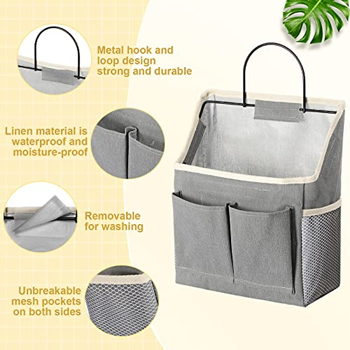 6 Pack Wall Hanging Storage Bag Bulk, Wall Hanging Organizer with Pockets, Linen Cotton Wall Pouch Basket with Sticky Hooks for Over The Door Closet Bathroom Bedroom Kitchen Dorm Room (Gray)