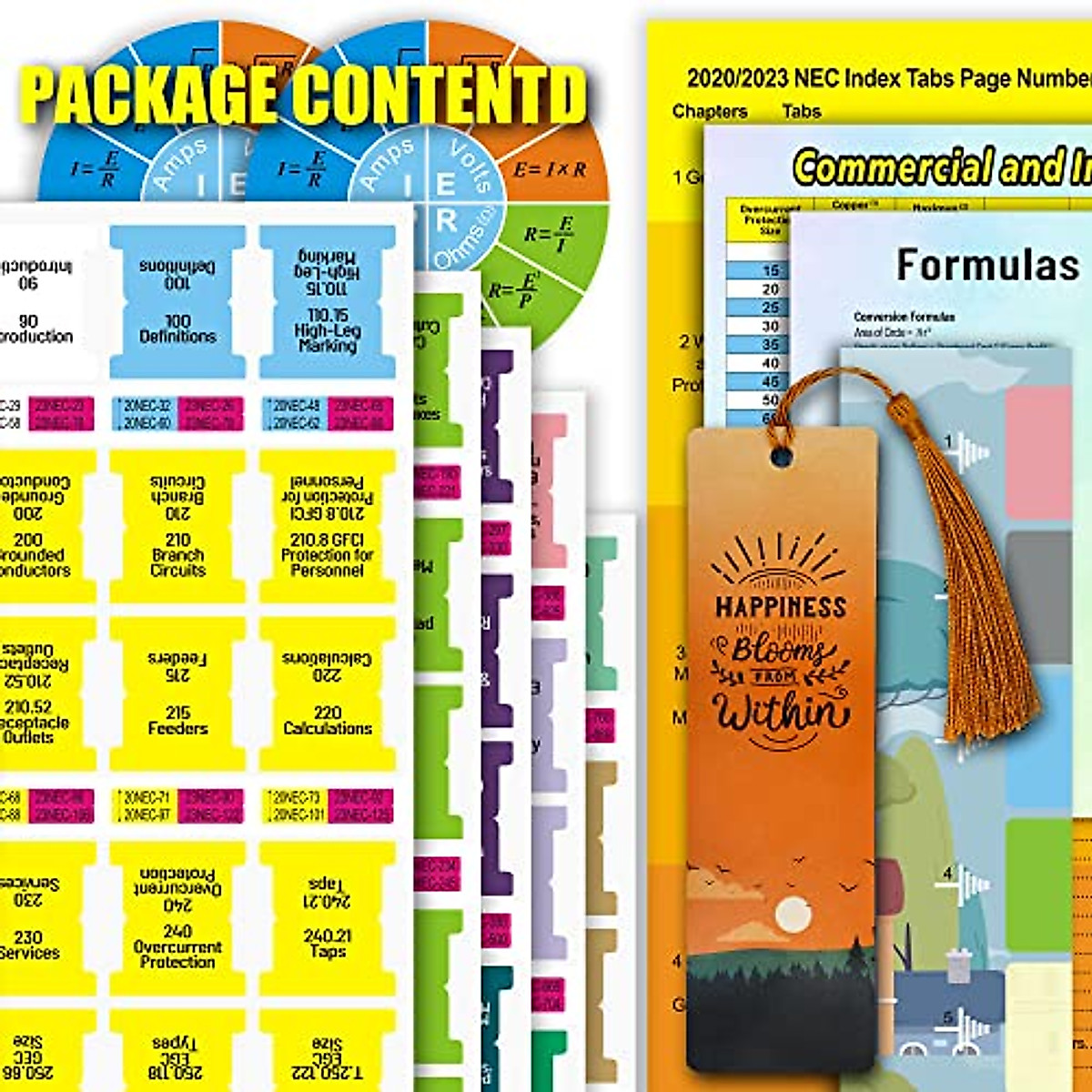 2020/2023 National Electrical Code (NEC) Self-AdhesiveTabs, Color-Coded and Laminated, NEC Tabs with Ohm's Law Stickers and Wire Chart, (Book not Included)