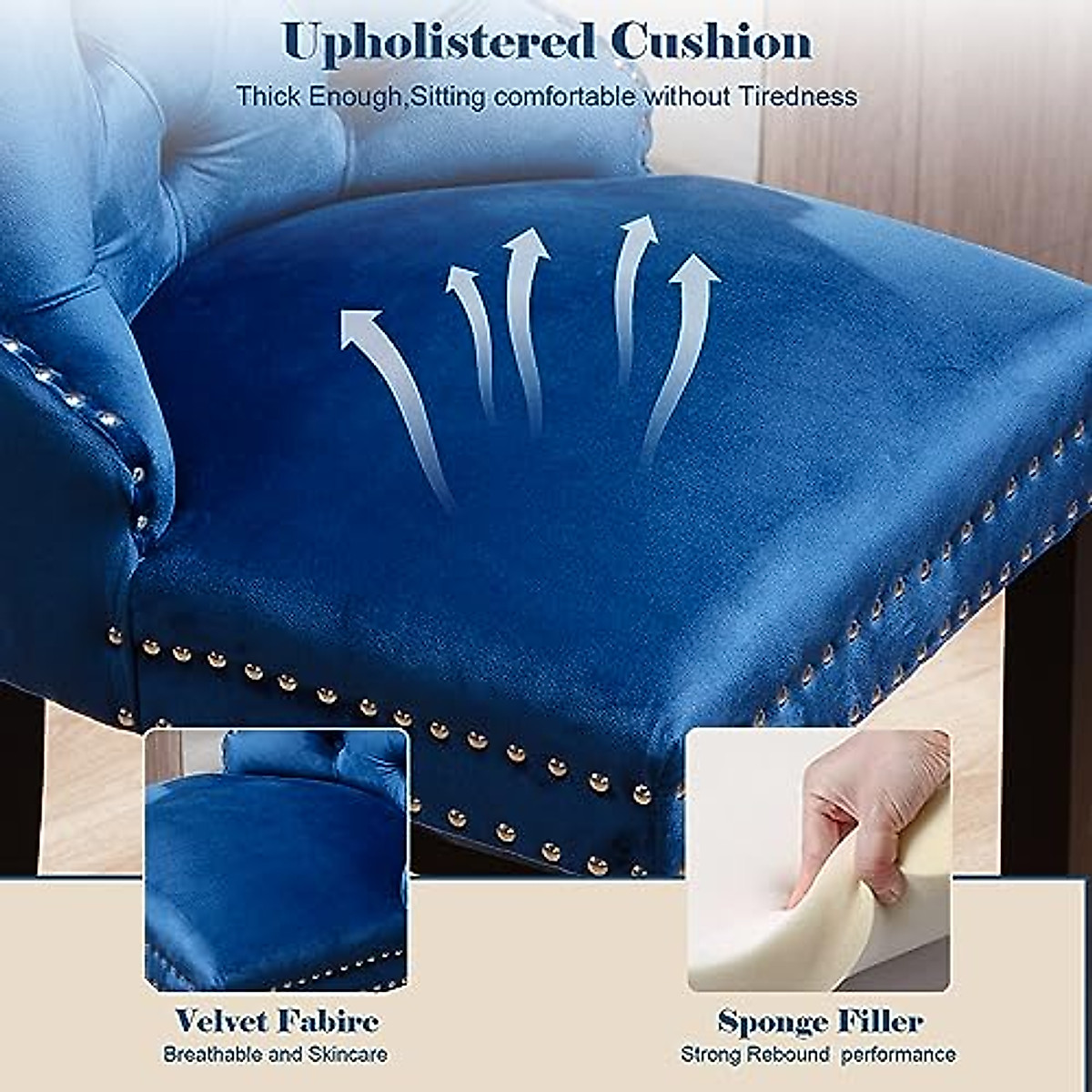 SICOTAS Bar Stools Set of 6 Stool Chair - Tufted Back Counter Stools for Kitchen Counter with Upholstered Velvet Cushion Barstools Nailhead Trim Wood Bar Height Chairs Stool for Pub Bistro 27.2'' Blue