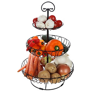 Lily's Home Wire Fruit and Vegetable Holder, 3-Tiered Fruit Basket, Kitchen Accessories - Black