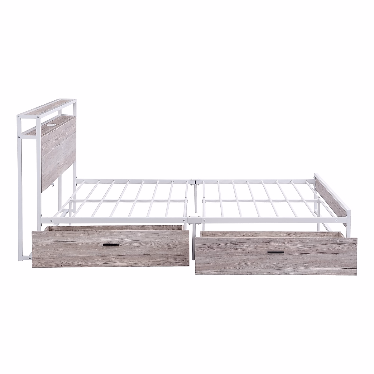 CITYLIGHT Metal Bed Frame Queen with Two Drawers, Queen Size Storage Bed with Sockets, USB ports and Slat Support,No Box Spring Needed,Easy Assembly,White