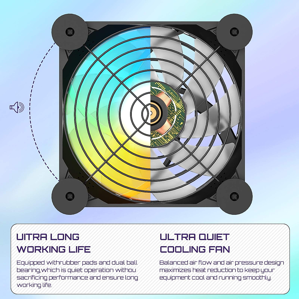 upHere N12U06 USB Fan,Dynamic Rainbow LED,Silent 120mm Fan for Computer Cases Computer Cabinet PlayStation Xbox Cooling