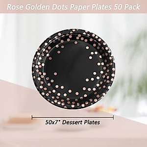 Disposable Paper Plates Round Black and Rose Gold Dots 50 x 7" Plates，Black and Rose Gold Plates Foil Polka Dots Paper Plates Party Supplies for All Occasions 50 PCS