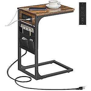 Snack Side Table, C Shaped End Table with Charging Station & USB Ports, Couch Table with Cloth Bag, Tv Tray, Small Bedside Table for Living Room, Bedroom