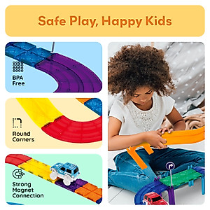 PicassoTiles 80 Piece Race Car Track Building Block Educational Toy Set Magnetic Tiles Magnet DIY Playset 2 Light Up Car STEM Learning Construction Kit Hand-Eye Coordination Fine Motor Skill Training