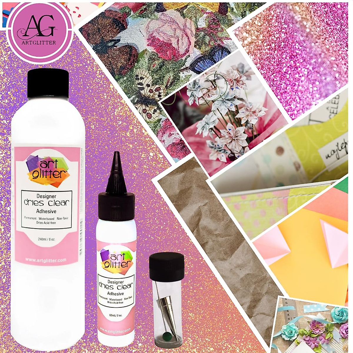 Art Institute Glitter Designer Dries Clear Adhesive Clear Glue Kit Bundle-3 Items 8oz,2oz and Metal Tip, Multicolored