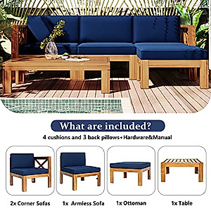 Goohome 5-Piece Wood Furniture Set, L-Shaped Outdoor 3-Seater Sectional Sofa Seating Group ConversationSets with Coffee Table and Water-Resistant, Patio, Backyard, E-Natural Finish+ Blue Cushions