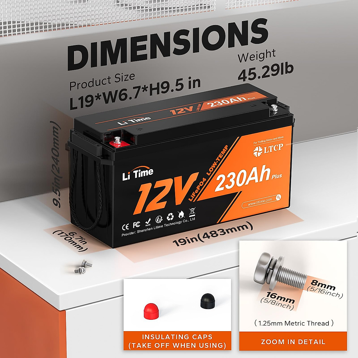 LiTime 12V 230Ah Plus Low-Temp Protection LiFePO4 Battery Built-in 200A BMS, Max 2944Wh Energy, Lithium Iron Phosphate Battery Perfect for Trolling Motors, Yacht, Marine, Boat, RV, Home Energy