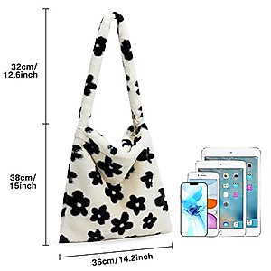 Fluffy Furry Tote Bag Large Fuzzy Bag Cute Y2K Plush Bag with Zipper Fashion Women Girl Handbag Faux Fur Shoulder Purse for Autumn and Winter