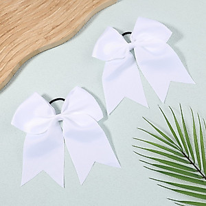 2 PCS 8 Inch Cheer Hair Bows Large Cheerleading Big Hair Bows with Ponytail Holder for Teen Girls-White