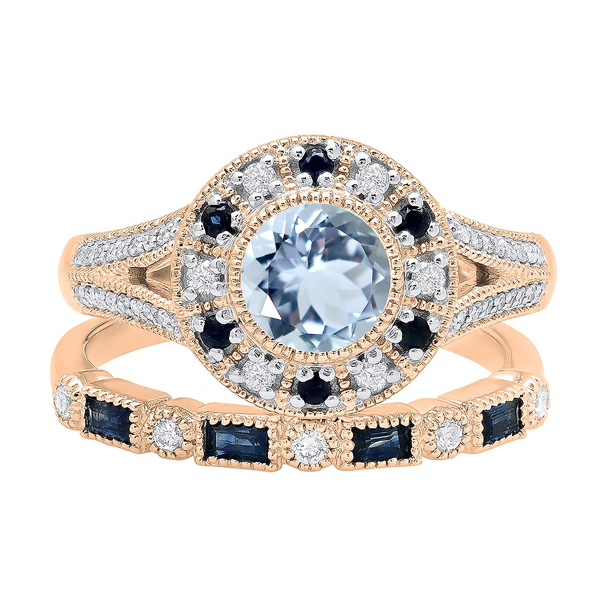 Dazzlingrock Collection 6mm Centre Round Aquamarine with Round White Diamond & Baguette Alternating Blue Sapphire Halo Miligrain Wedding Ring Set for Women in 10K Rose Gold Size 9.5