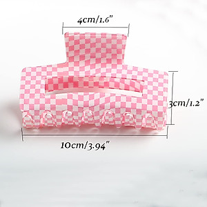 Checkered Hair Claw Clips,Pack of 1,Vintage Checkered Claw Clips Cellulose Acetate Banana Clips,Nonslip Banana Hair Clamp for Women Girls (Pink,L)