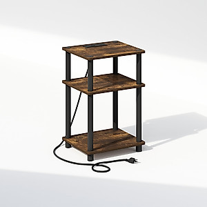 Furinno Just 3-Tier Turn-N-Tube Open Storage Nighstand, Bedside Table with USB and Type-C Charging Station, Amber Pine/Black