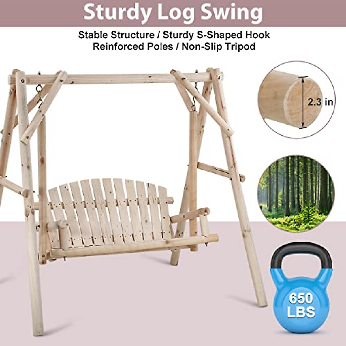 Outdoor Wooden Porch Swing 67 Inch Log Swing with Stand, A-Frame Yard Swing Set Patio Furniture Modern 2 Person Swing Sturdy Garden Bench Swing Rustic Curved Back Swing Chair for Adults