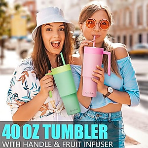 Fimibuke 40 oz Tumbler with Handle & Fruit Infuser, Stainless Steel Vacuum Insulated Cup with Lid & Straw, Water Infusion Bottle Cupholder Friendly Travel Mug Mothers Day Gifts for Mom Grandma Auntie