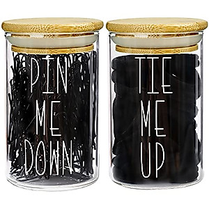 MOMEEMO Apothecary Jars with Lids for Bathroom Storage Organizer, Hair Tie Organizer & Bobby Pin Holder are Great for Bamboo Bathroom Accessories, Bathroom Decor Farmhouse Style. (Hair Ties & Pins)