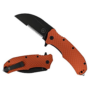Off-Grid Knives - Rapid Fire Rescue Folding Knife, Sandivk 14C28N Steel, Wharncliffe Blade Shape, G10 Scales, Emergency Glass Breaker (Orange/Black)