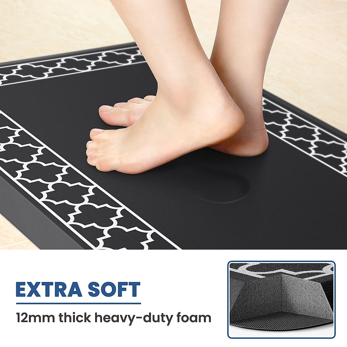 KitchenClouds Kitchen Mat Anti Fatigue Mat Cushioned Comfort Kitchen Rugs 17.3"x 60" Black Floor Mat Non-Slip Kitchen Rug Waterproof Rug Standing Desk Mat for Kitchen Floor, Home, Office, Laundry