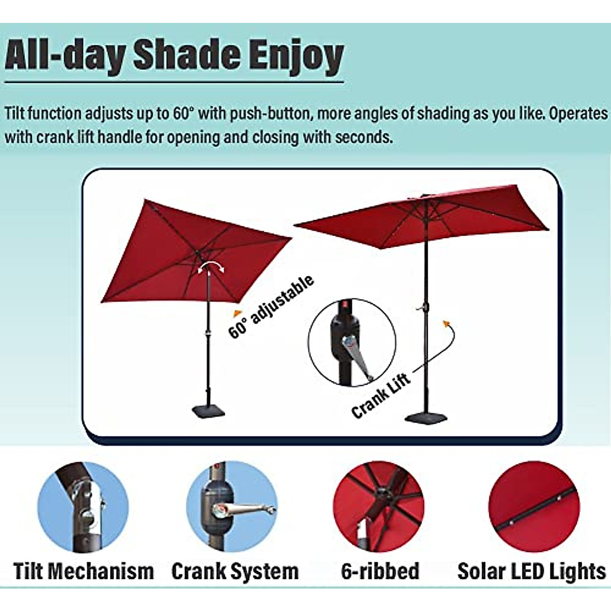 WAHHWF 10x6.5FT Garden Parasol Umbrella with Solar Lights, Rectangular Large Patio Table Umbrella, Deck Pool Outdoor Market Umbrella with Tilt and Crank (Color : Brown)
