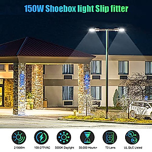 150W LED Parking Lot Area Lights with Photocell 21000LM 650W MH Equiv UL DLC lP65 5000K Dusk to Dawn Street Light Outdoor LED Shoebox Pole Light for Back Yard Roadway Tennis Court Fixture Slip Fitter