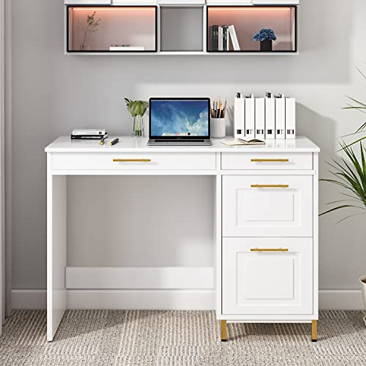 HOMBCK White Desk with Drawers, Modern White and Gold Desk with Drawers, Home Office Desk Small Computer Desk for Bedroom, Vanity Desk with 4 Drawers & Spacious Desktop, White/Gold