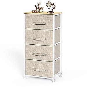 Pipishell Dresser with 4 Drawers, Tall Storage Tower with Sturdy Steel Frame Wood Top，Fabric Dresser Organizer Unit for Bedroom, Hallway, Entryway, Closets, Nursery Room